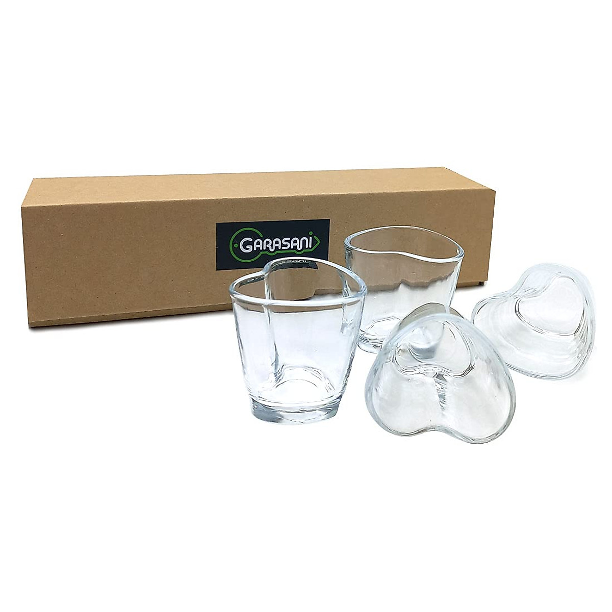 GARASANI 4 Pack Korean Soju Shot Glasses Set 1.7 oz, Korean Soju, whiskey, tequila, vodka, espressos, desserts, party decorations, Clear Glass (Heart Shot Glasses)