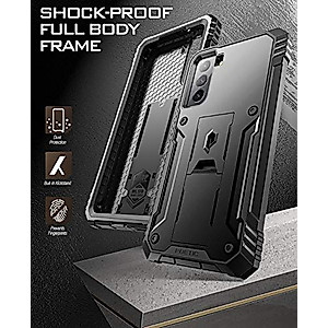 Poetic Revolution Case for Samsung Galaxy S21 5G 6.2 inch, Built-in Screen Protector Work with Fingerprint ID, Full Body Rugged Shockproof Protective Cover Case with Kickstand, Black