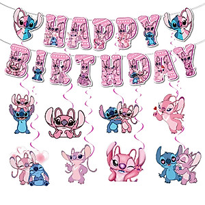 Stitch Birthday Decorations Stitch Pink Happy Birthday Banner Hanging Swirls for Birthday Party Supplies
