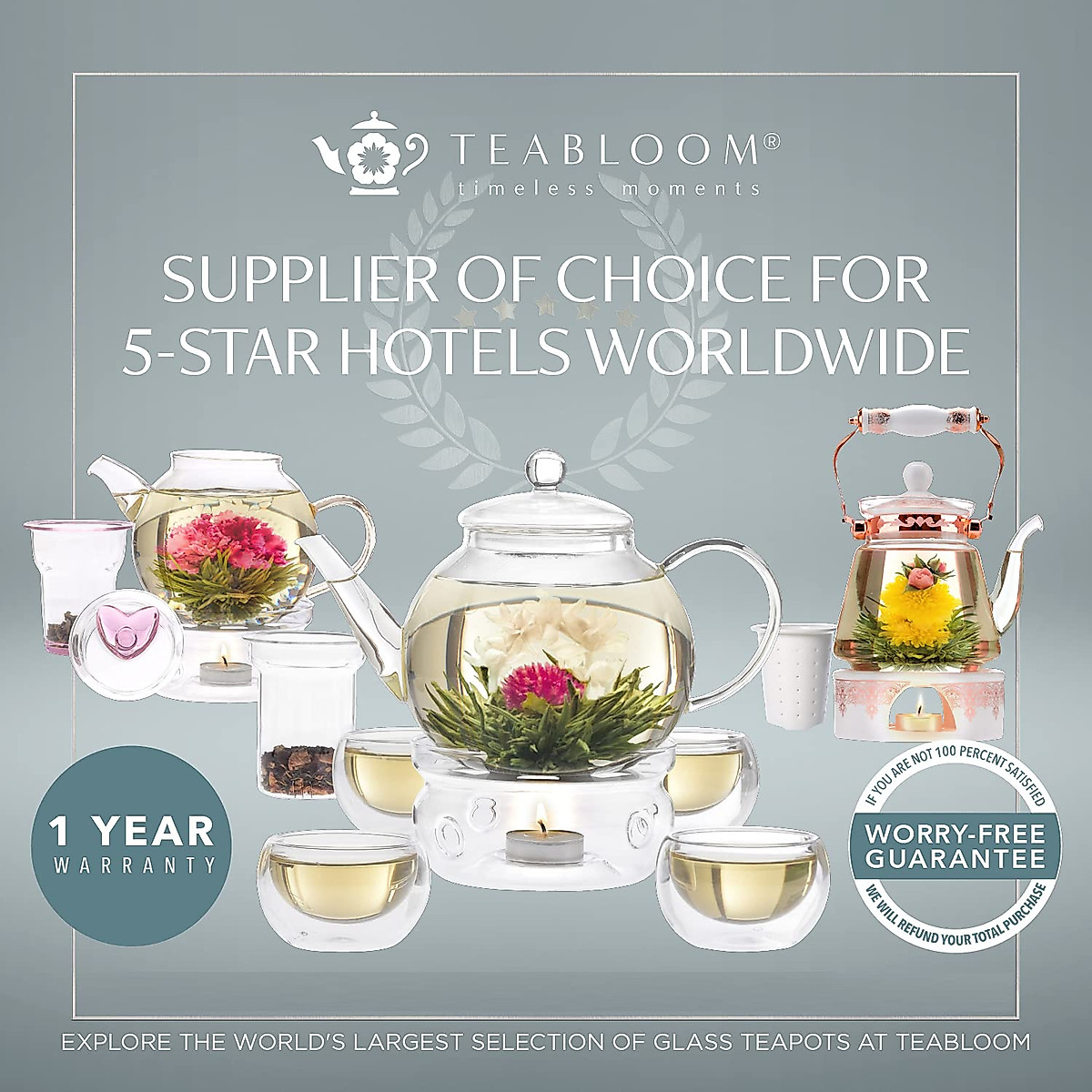 Teabloom Stovetop & Microwave Safe Glass Teapot (40 OZ) with Removable Loose Tea Glass Infuser – Includes 2 Blooming Teas – 2-in-1 Tea Kettle and Tea Maker