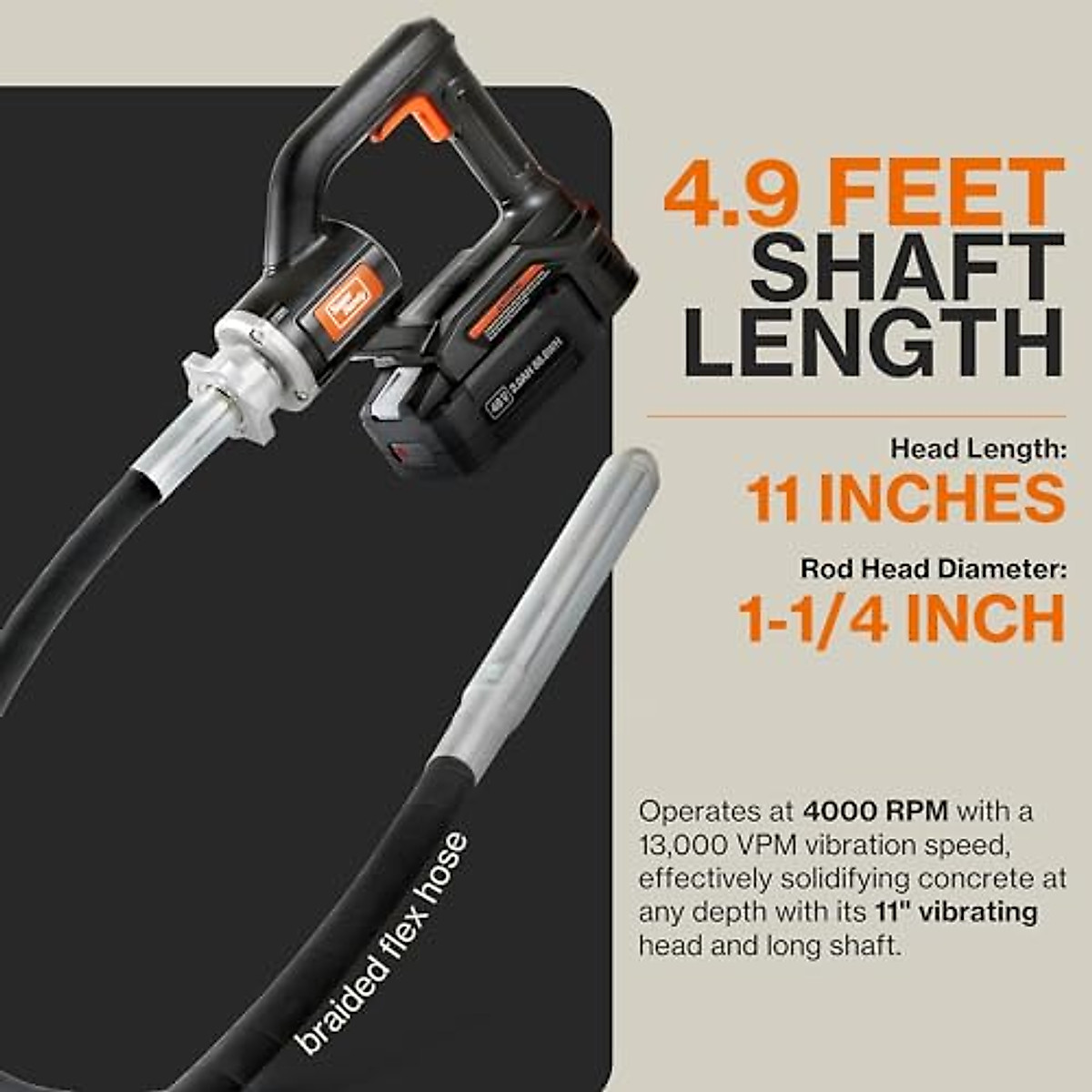 SuperHandy Concrete Vibrating Power Tool, 13k VPM, 4.9’ Ft Flex Hose Immersion Shaft, Cement Vibrator, Cordless Handheld 48V 2Ah Battery, Brushless Motor - Remove Air Bubble, Level & Mix Concrete