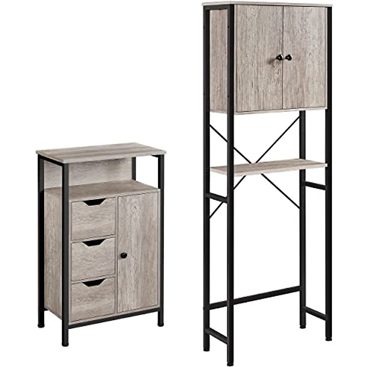 Yaheetech 2-Piece Bathroom Furniture Sets, Includes 3-Tier Over-The -Toilet Storage Organizer Rack Stand with Door, Rustic Floor Storage Cabinet with 2 Open Shelves for Bathroom, Gray