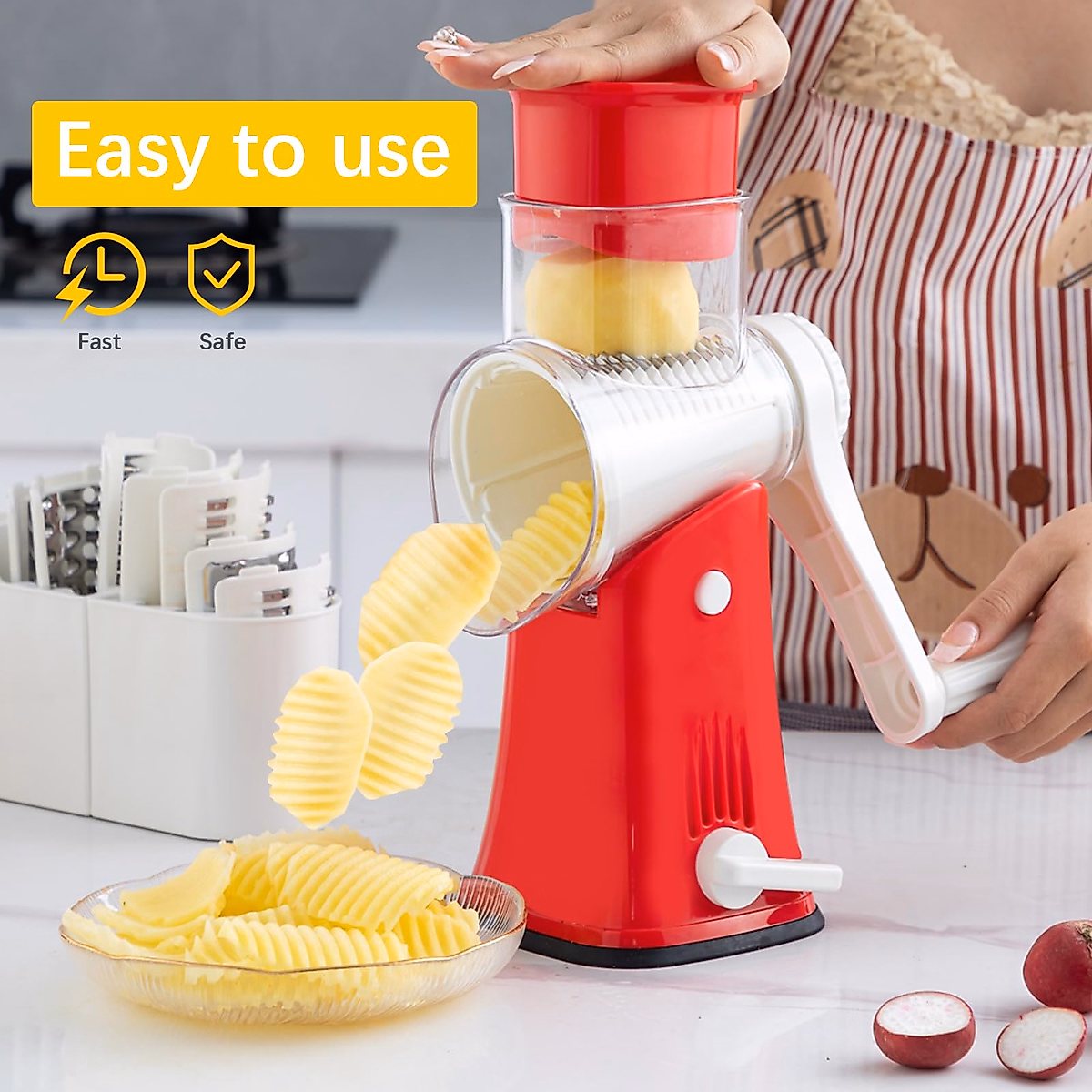 5 in 1 Cheese Grater, Cheese Grater Hand Crank,Rotary Cheese Grater, Replaceable Stainless Blades Cheese Shredder, Mandoline Slicer, Easy to Clean Rotary Grater with Storage Box