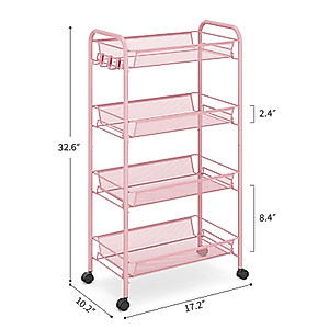 TOOLF 4-Tier Rolling Cart, Metal Utility Cart with 3 Hooks, Easy Assemble Mobile Storage Trolley On Wheels, Slide Out Shelving Units Kitchen Bathroom Laundry Room