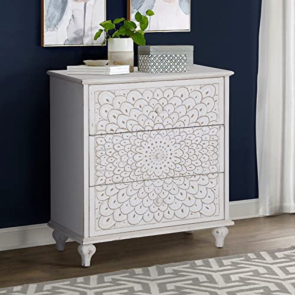 Sophia & William Accent Storage Cabinet with 3 Drawers Distressed Storage Chest with Carved Finch Feather Pattern for Entryway Living Room Bedroom