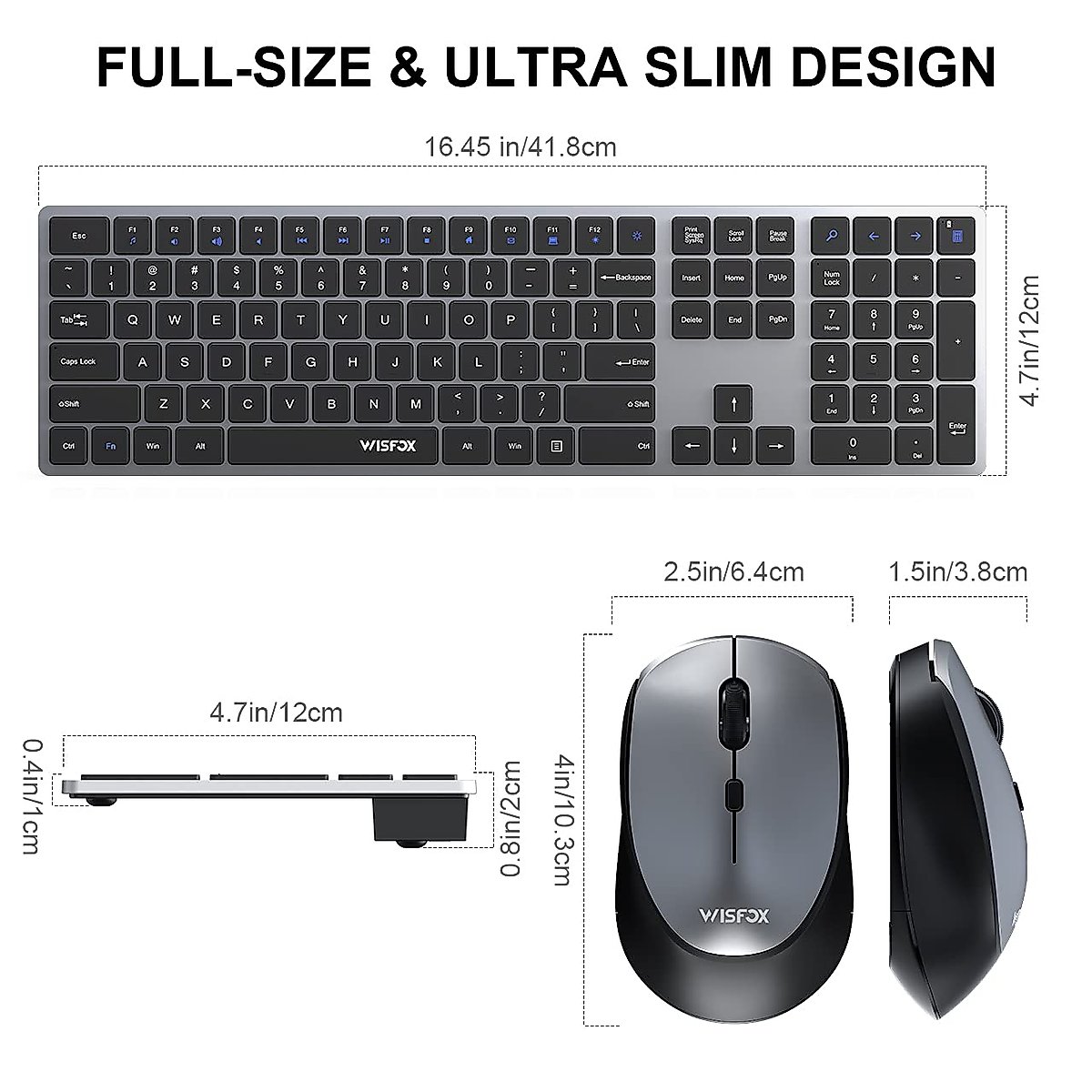 Wireless Keyboard and Mouse Combo, WisFox 2.4G Full-Size Slim Thin Wireless Keyboard Mouse for Windows, Computer, Desktop, PC, Laptop Mac (Silver and Gray)