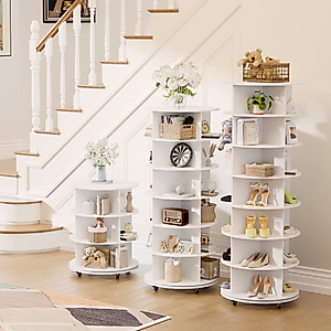 Gujiam 6-Tier Rotating Shoe Rack Tower 360 with Wheels, 57.5in Spinning Shoe Rack, Revolving Shoe Rack, Shoe Carousel Closet Organizer, Free Standing Shoe Rack for Entryway Living Room Hallway White