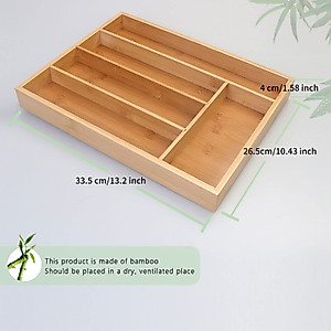 KAKUNM Kitchen Utensil Drawer Organizer Bamboo Silverware Organizer 13Inches Utensil Holder for Drawers Silverware Tray with 2pcs Insulation Pads ,Makeup Desk,Office,Living Room