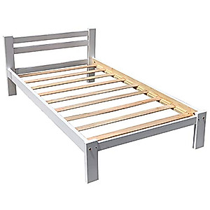 Amazonas Twin Size Bed Frame Solid Pine Wood and Hardwood Slats Support White Finish Wooden White Kids Bed Single Suitable for Boys Girls Bedroom Wooden Bed Frame