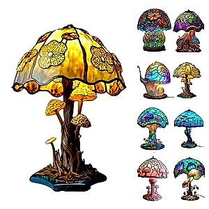 NEWDEZHI Stained Glass Plant Series Table Lamp, Vintage Mushroom Table Lamp, Colorful Bohemian Resin Led Night Light Decorative Mini Mushroom Lamps for Bedroom Living Room (B)