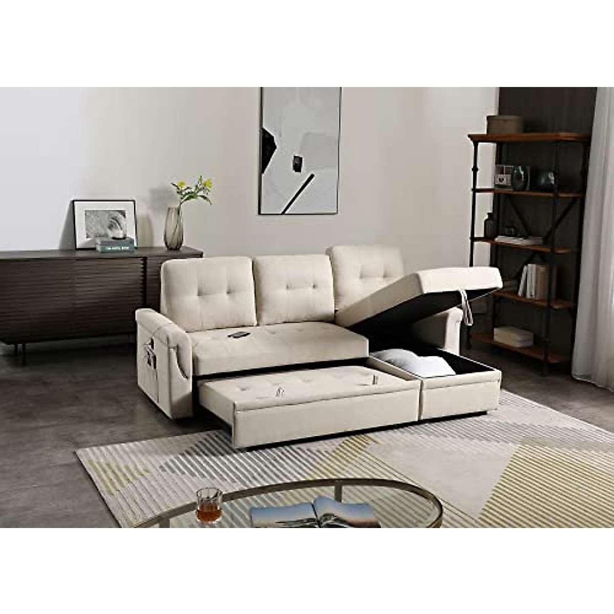 uhome Upholstered Sleeper Sofa with USB Ports sectional Couch Reversible Sofabed, Full XL, Beige