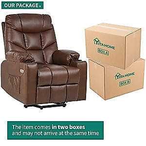 YITAHOME Electric Power Lift Recliner Chair for Elderly, Leather Recliner Chair with Massage and Heat, Spacious Seat, USB Ports, Cup Holders, Side Pockets, Remote Control (Brown)