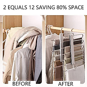WudTus Pants Hangers Space Saving,2 Pack Closet Clothes Storage Organizer Clothes Hanger,6 Tier Non Slip Folding Stainless Steel Pants Skirt Magic Hangers for Scarf Jeans Trousers Ties Towels Leggings