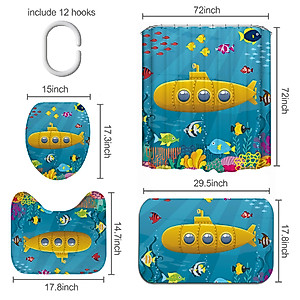 Blue Submarine Shower Curtain Sets with Rugs, Toilet Lid Cover and Bath Mat, Tropical Ocean Nautical Underwater World Bathroom Curtain Waterproof Polyester Fabric wtih Hooks 4PCS