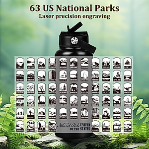 National Parks Water Bottle with Stickers | 32oz Leakproof Insulated Stainless Steel with Straw | Perfect for Hiking, Camping & Travel (Black)