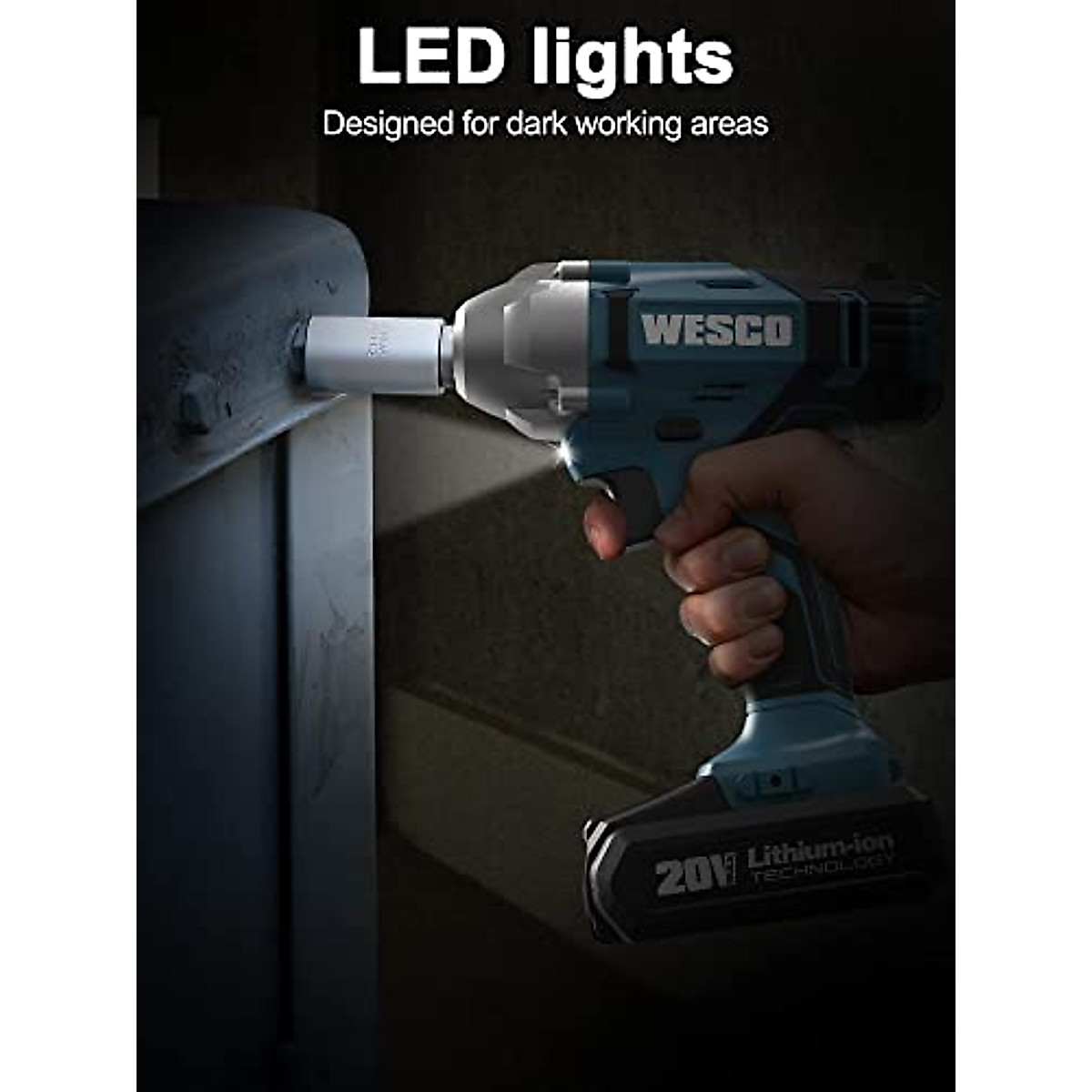 WESCO 20V Cordless Impact Wrench, 1/2",1602 In-lbs(180N.m),2.0A Li-ion Battery, LED Light 3 Pcs Drive Impact Sockets and 1 Hour Fast Charger