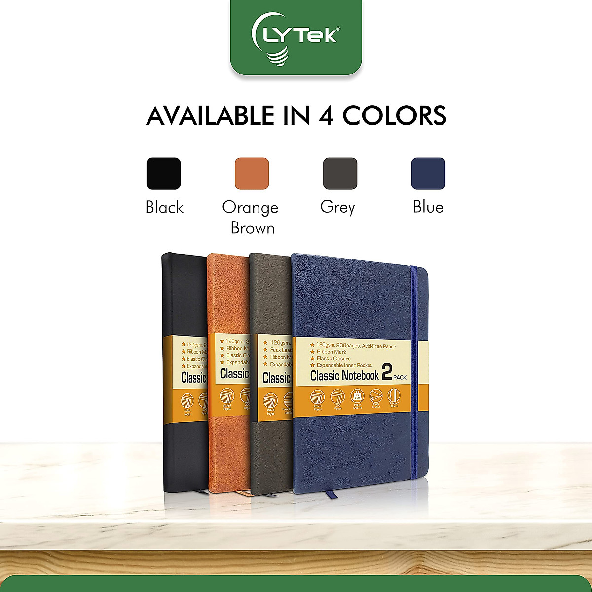 LYTek Faux Leather Lined Journal Notebooks with 120 GSM, Hardcover Executive Notebook, 5.25 x 8.25 inches for Writing - Date Marked, Inner Pocket, Ribbon Mark & Elastic Closure (Black, Pack of 2)