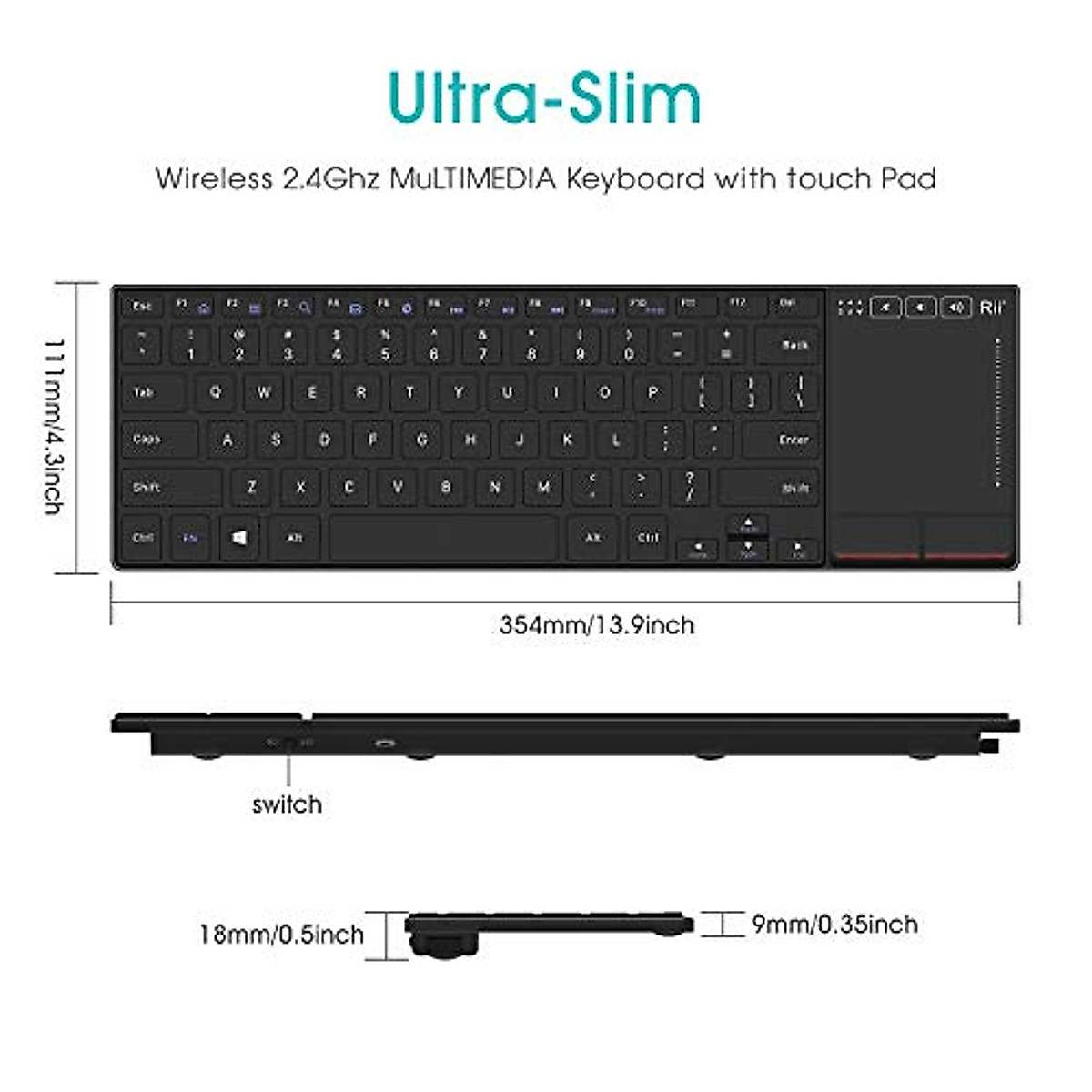 Rii K22 Ultra Slim 2.4 Gigahertz Mini Wireless Multimedia Keyboard with Touchpad for PC and Laptop