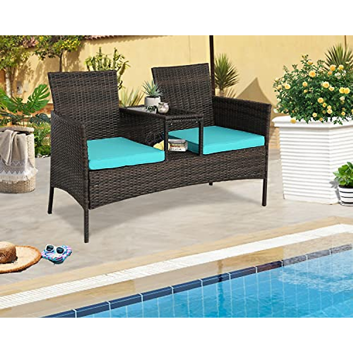 BPTD Outdoor Patio Loveseat Patio Furniture Set Rattan Patio Bistro Set Wicker Conversation Furniture Sets with Cushios and Built-in Coffee Table for Balcony, Lawn, Backyard (Brown/Turquoise)