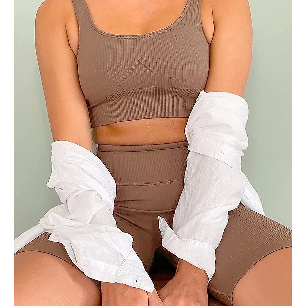 Beaufident Ribbed Workout Set for Women Active 2 Pieces Seamless Yoga Shorts with Support Paded Sports Top Moss Brown