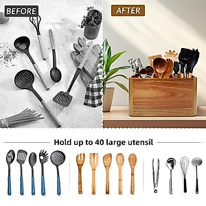 Wooden Kitchen Utensil Holder Organizer for Counter or Countertop, Large Wooden Utensil Holder for Storage Cooking and Silverware with 3 Compartment, Acacia Rustic Wood Container Extra Large