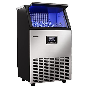 RESTISLAND Commercial Ice Maker Machine, 100 lbs /24 h, 33 lbs Storage Bin, Stainless Steel, Compact, Embedded, Self-Cleaning, Perfect for Home/Office/Shop/Cafe, Includes Ice Scoop, Connection Hose