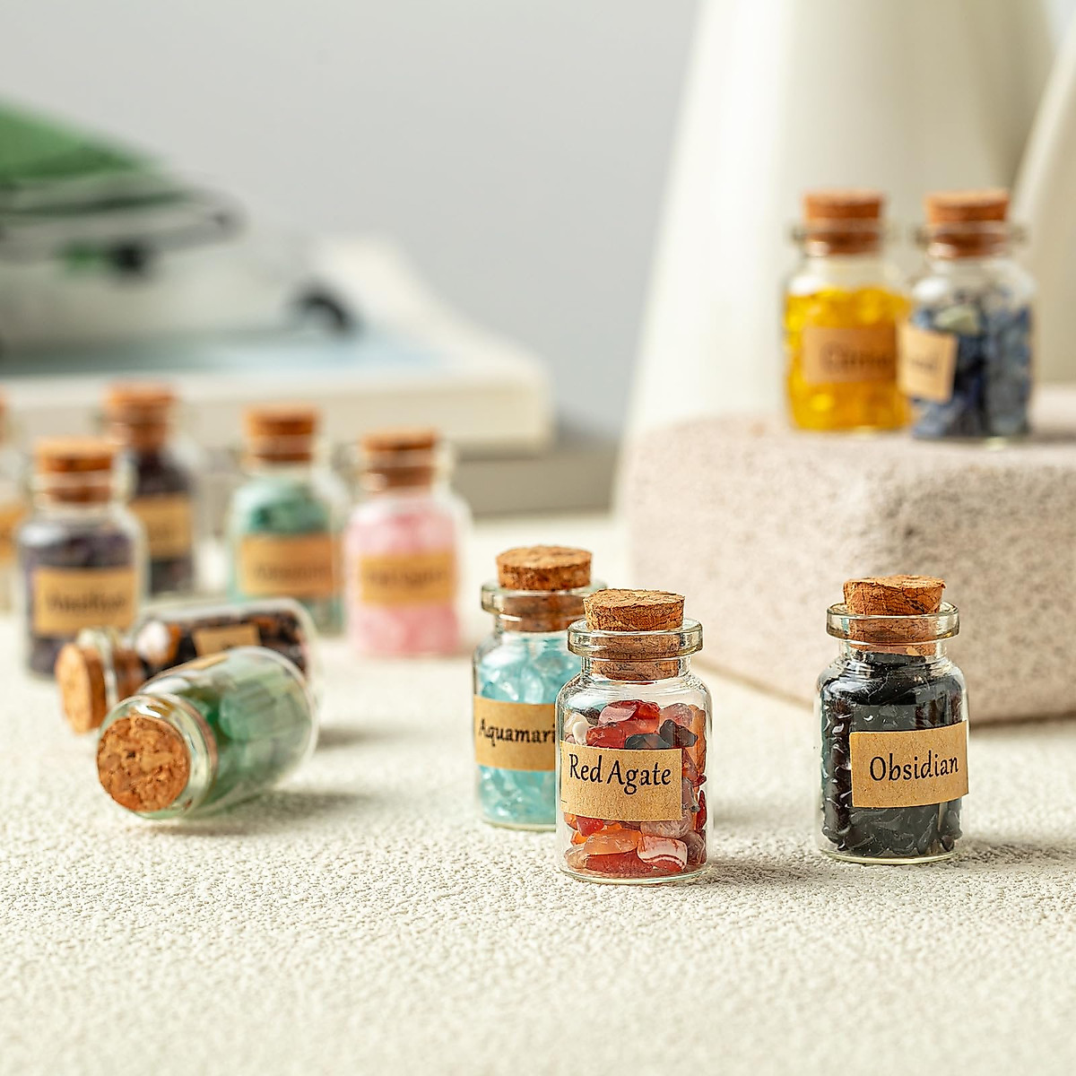 KHOCOEE 12 Different Gemstone Bottles Chip Crystals and Healing Stone, Chakra Healing Crystals Bottles, Wicca Gem Stones Set, Witchcraft Crystals