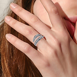 JOERICA 925 Sterling Silver Rings for Women Adjustable Feather Ring Statement Leaf Ring Open Stackable Plain Wedding Band Ring