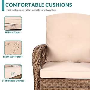 MEETWARM 5 Pieces Outdoor Patio Rattan Furniture Sets, All Weather Patio Wicker Conversation Set - 2 Rocking Swivel Chairs 1 Rattan Loveseat Glider with Cushions, 2 Glass-Top Coffee Table, Beige