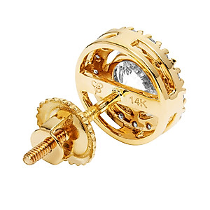 Everyday Elegance 14K Solid Yellow Gold Stud Earrings Round "Halo" Cubic Zirconia Screw Back Posts 1.20 CTW With Gift Box