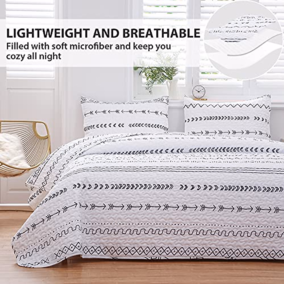 LUCKYBULL White Quilt Set Boho Bedspread King XL Size (104x96 in), 3 Pieces Bohemian Striped Reversible Lightweight Coverlet Quilt Set for All Season