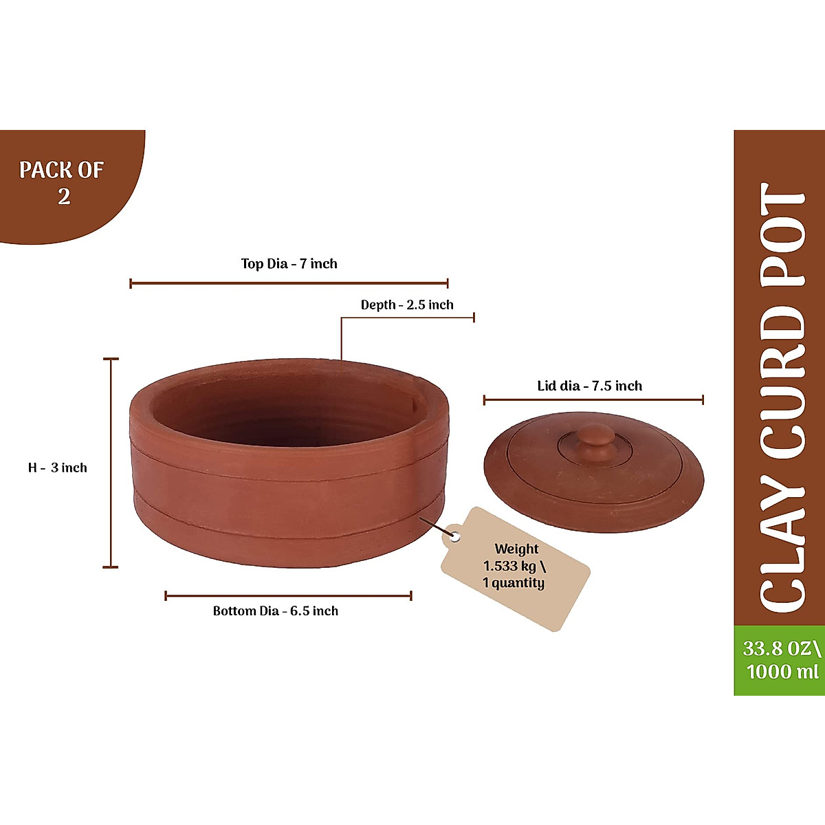 Village Decor handmade earthen clay natural yogurt maker/clay curd pot with lid (1000 ML / 34 OZ - 2 QTY)