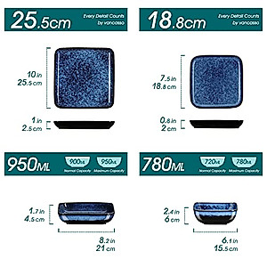 vancasso Stern Blue Dinner Set Square Reactive Glaze Tableware 16 Pieces Kitchen Dinnerware Stoneware Crockery Set with Dinner Plate, Dessert Plate, Bowl and Soup Plate Service for 4