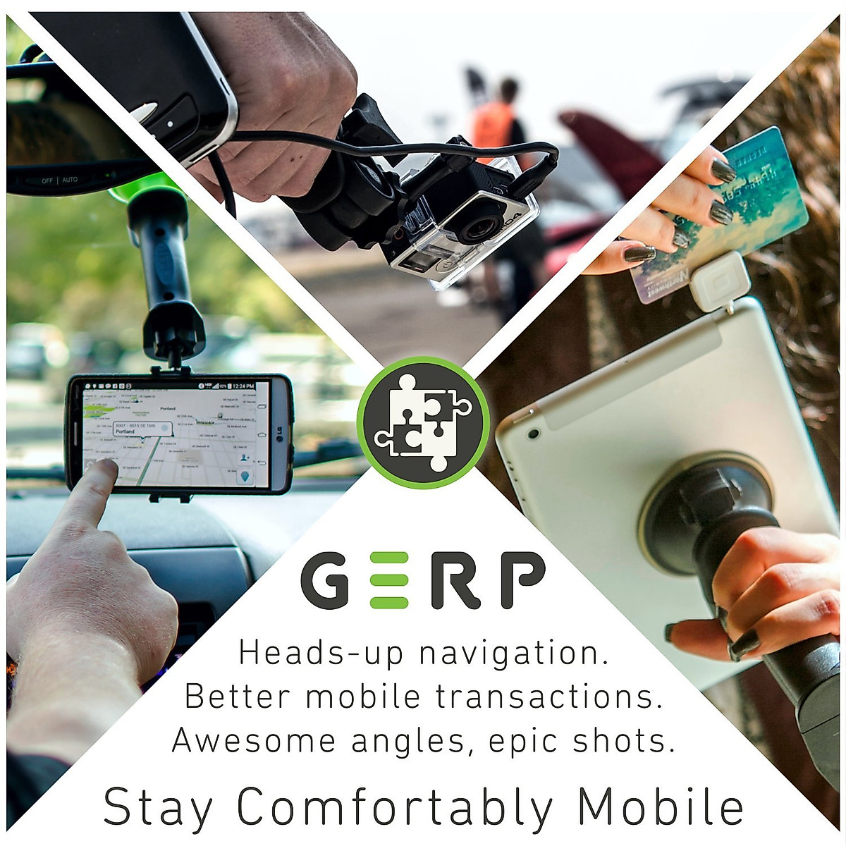 GERP Gear Action Kit - All-in-One Stand, Grip, and Mount Plus Accessories for Tablets, Phones, and Action Cameras - Black - Suction Mount, Swivel Mount, and Dual Tripod Mounts