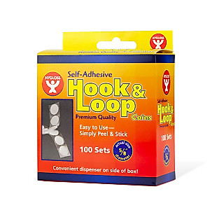 Hygloss Products Self Adhesive Coins - 100 Hook and Loop Fastener Sticky Dots With Dispenser – 5/8 Inches, White