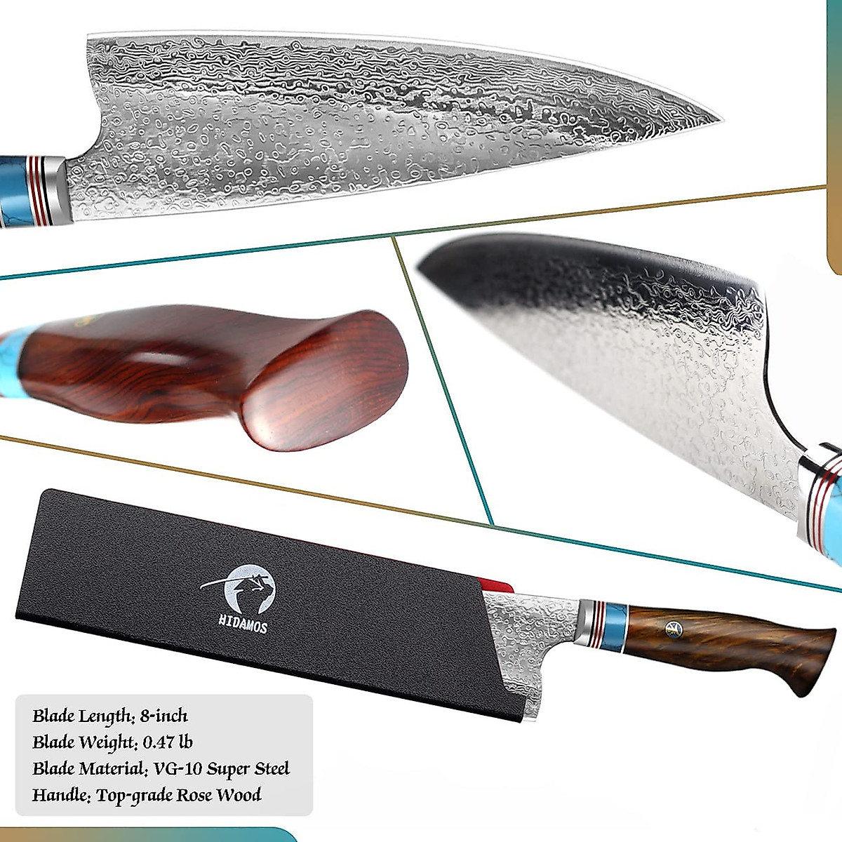 HIDAMOS Professional Damascus Chef Knife Super Sharp Kitchen Knives 73-layer VG-10 Steel Japanese Sushi Knife for Meat/Vegetable with Sheath