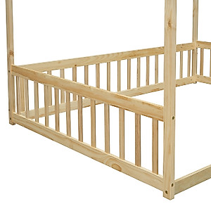 Full Size Canopy Bed Frame with Guardrails for Kids,Floor Bed Full with Four Poster Design,Kids Montessori Floor Bed,Wood Canopy Bed Frame for Girls,Boys(Full,Natural)