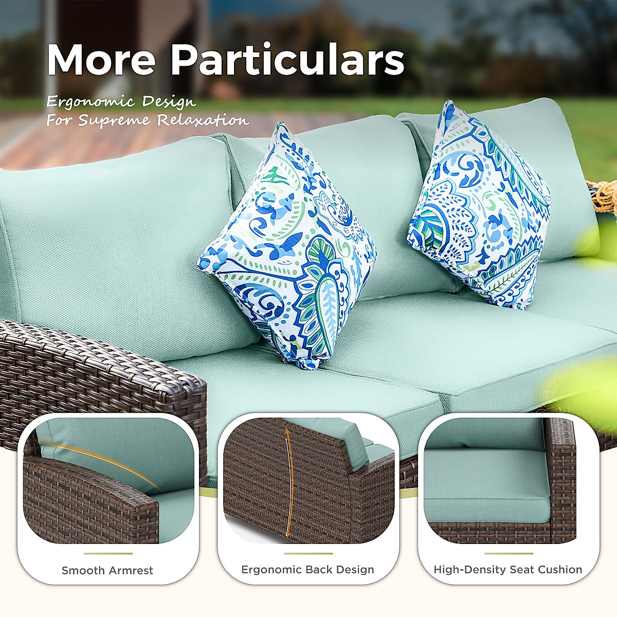 MIXPATIO Patio Couch Wicker 3-Seat Outdoor Brown Rattan Sofa Deep Seating Furniture Blue Cushion