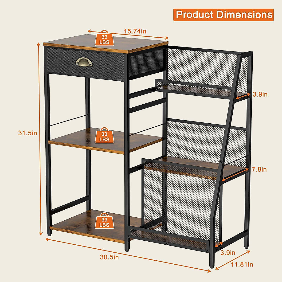Coffee Bar Cabinet, Coffee Stand Station with Drawer for Coffee Accessories Syrup Dispenser, 3-Tier Farmhouse Coffee Table with Fence for Living Room, Corner, Kitchen, and Small Space（Rustic Brown）