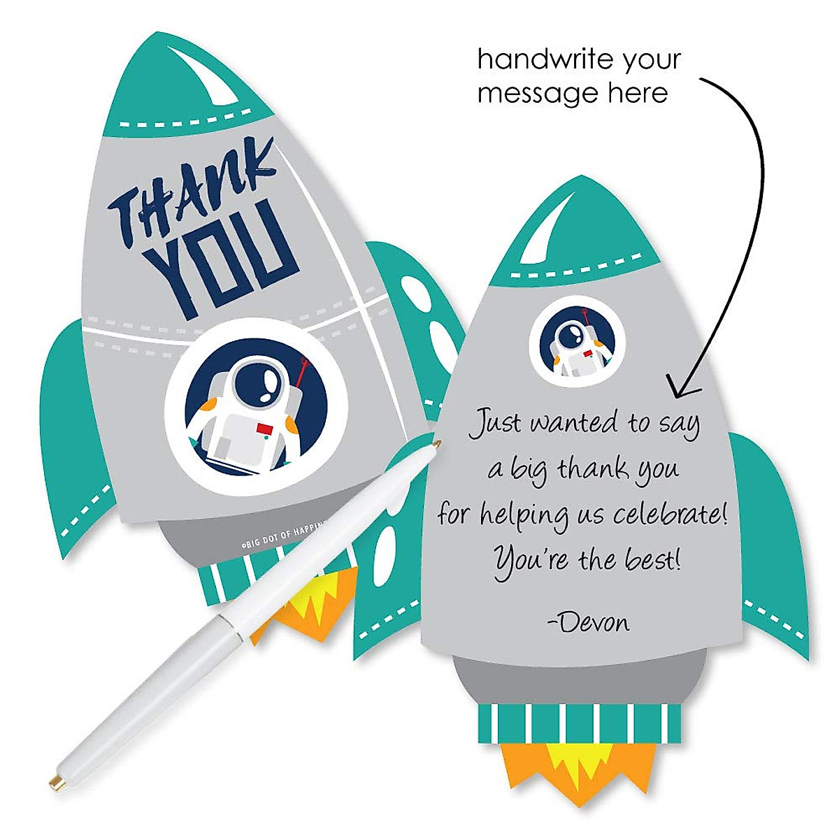 Big Dot of Happiness Blast Off to Outer Space - Shaped Rocket Ship Baby Shower or Birthday Party Thank You Note Cards with Envelopes - Set of 12