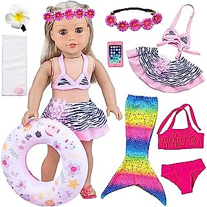 UNICORN ELEMENT 11 Pcs 18 Inch Girl Doll Clothes and Accessories Set Including Colorful Mermaid Swimsuits, Mobile Phone, Hairpin, Swimming Circle Randomly Send a Bag or Not.