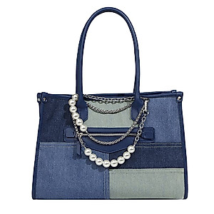 GLOD JORLEE Stylish Large Tote Bags for Women, Large Denim Shoulder Tote Handbags with a Small Denim Purses(Blue)