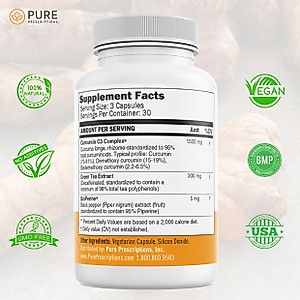 Pure Prescriptions Turmeric Curcumin C3 Complex - Bioperine for Optimum Absorption - 1500Mg Per Serving - 90 Veg Capsules - Made in USA