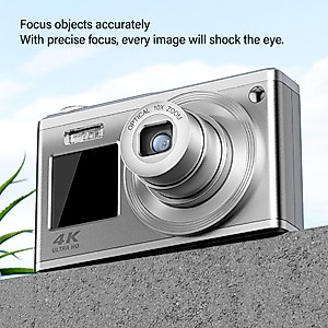 4K Digital Camera, 10X Optical Zoom Vlogging Selfie Camera Auto Focus with 2.88 Inch HD Screen for Beginners, 750mAh Anti Shake Travel Camera for Photography (Silver)
