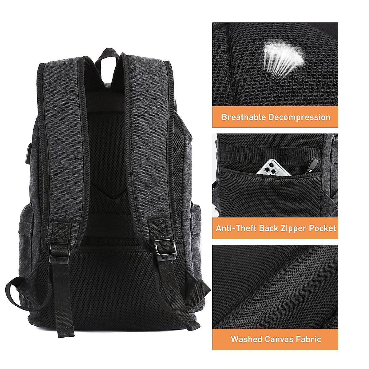 Small Canvas Vintage Backpack for Men Women,Travel Laptop Backpack with USB Charging Port,School College Backpack Book Bag Casual Rucksack Fits 15.6 Inch Laptop,Black