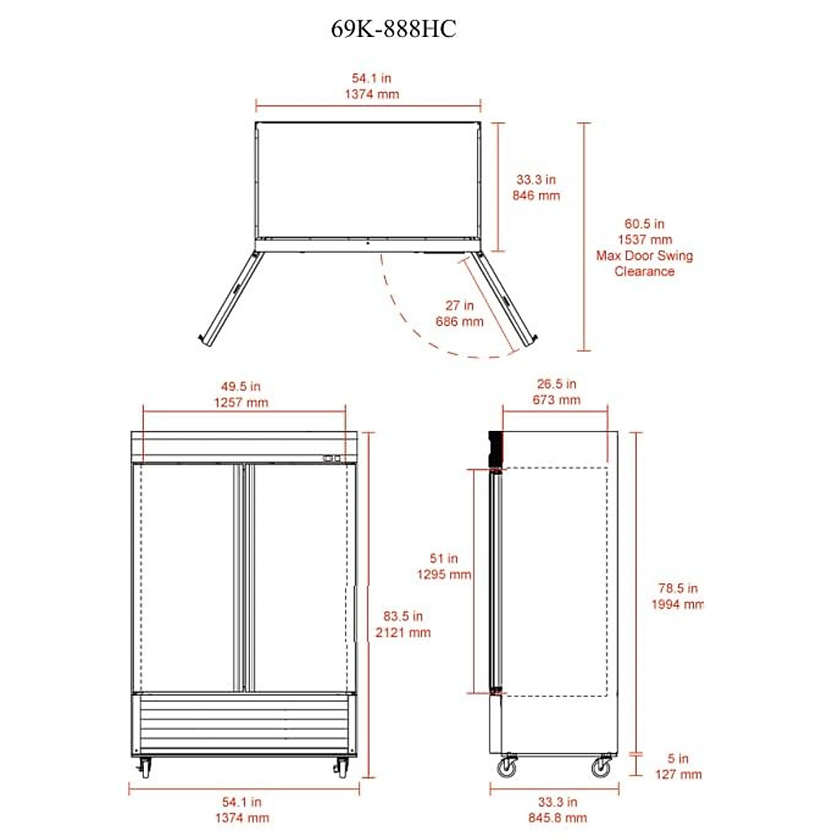 Kratos Commercial Refrigerator - Premium 2 Solid Doors Reach-in Refrigerator 54" W, 49 Cu Ft Stainless Steel (69K-888HC)