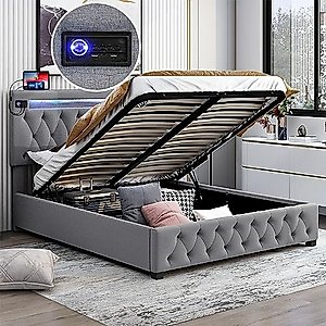 Ucloveria Queen Bed Frame with Bluetooth Audio & Charging Station & LED Lights, Upholstered Platform Bed with Button Tufted Adjustable Headboard, Hydraulic Storage, No Box Spring Needed, Gray