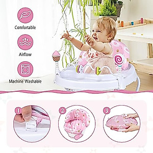 HONEY JOY Baby Walker, Foldable Toddler Walker with Toys, Learning-Seated or Walk-Behind for Boys and Girls, Adjustable Height, High Back Padded Seat, Infant Activity Walker with Wheels (Pink)