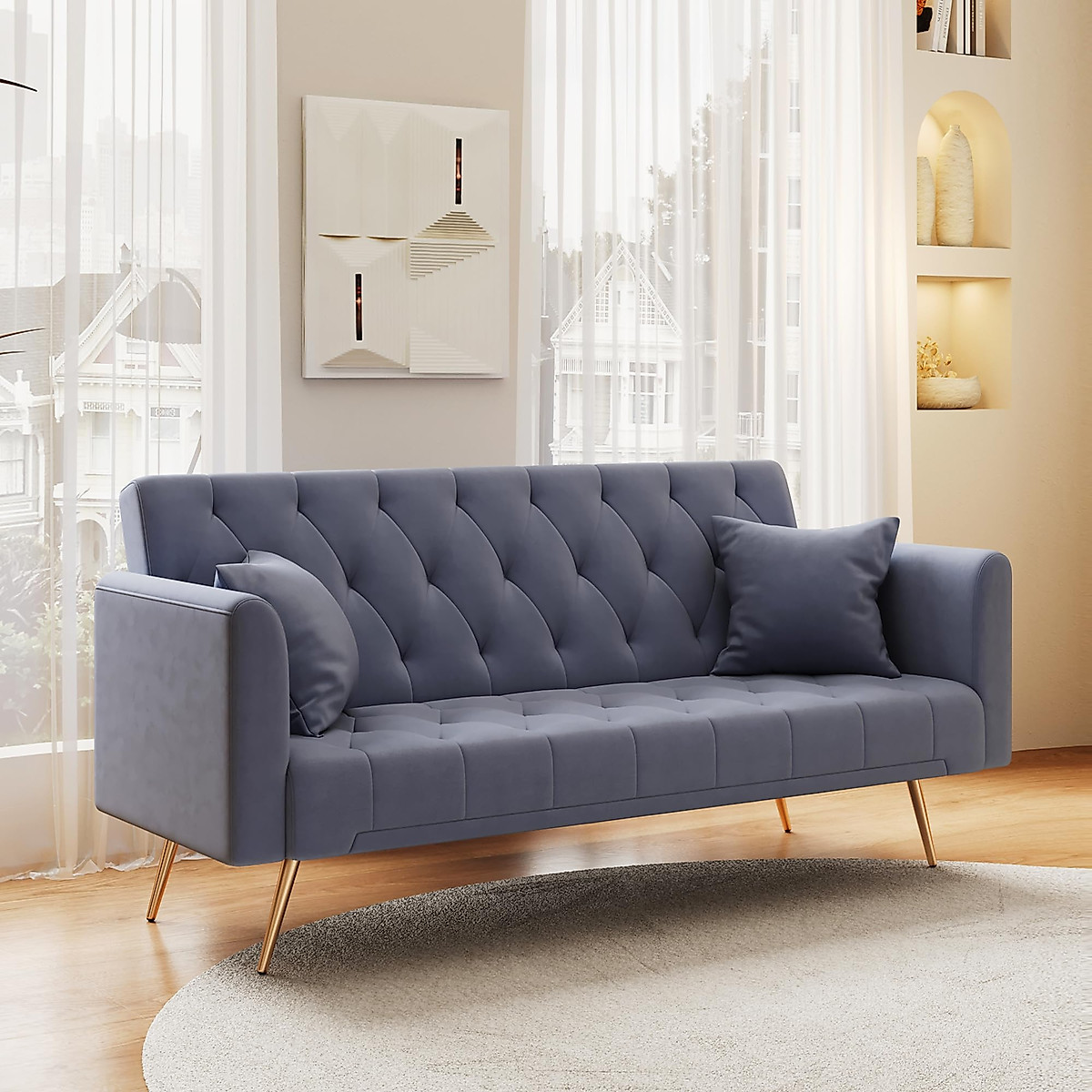 72"Modern Velvet Sofa Bed Futon,Convertible Folding Sleeper Bed Couches with 3 Adjustable Backrests,Tufted Recliner Loveseat with Golden Chrome Legs for Small Living Room Office (Dark Grey+pillows)