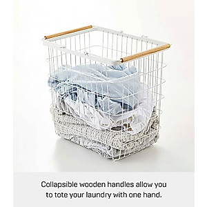 YAMAZAKI Wire Home Wooden Handles | Steel + Wood | Large | Laundry Basket, White